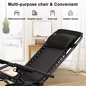 Patio Lounge Chair Chaise Recliner Outdoor Folding Adjustable Heavy Duty Zero Gravity Chair with Cup Holder and Pillows for Patio, Pool, Beach, Lawn, Deck, Yard - Black