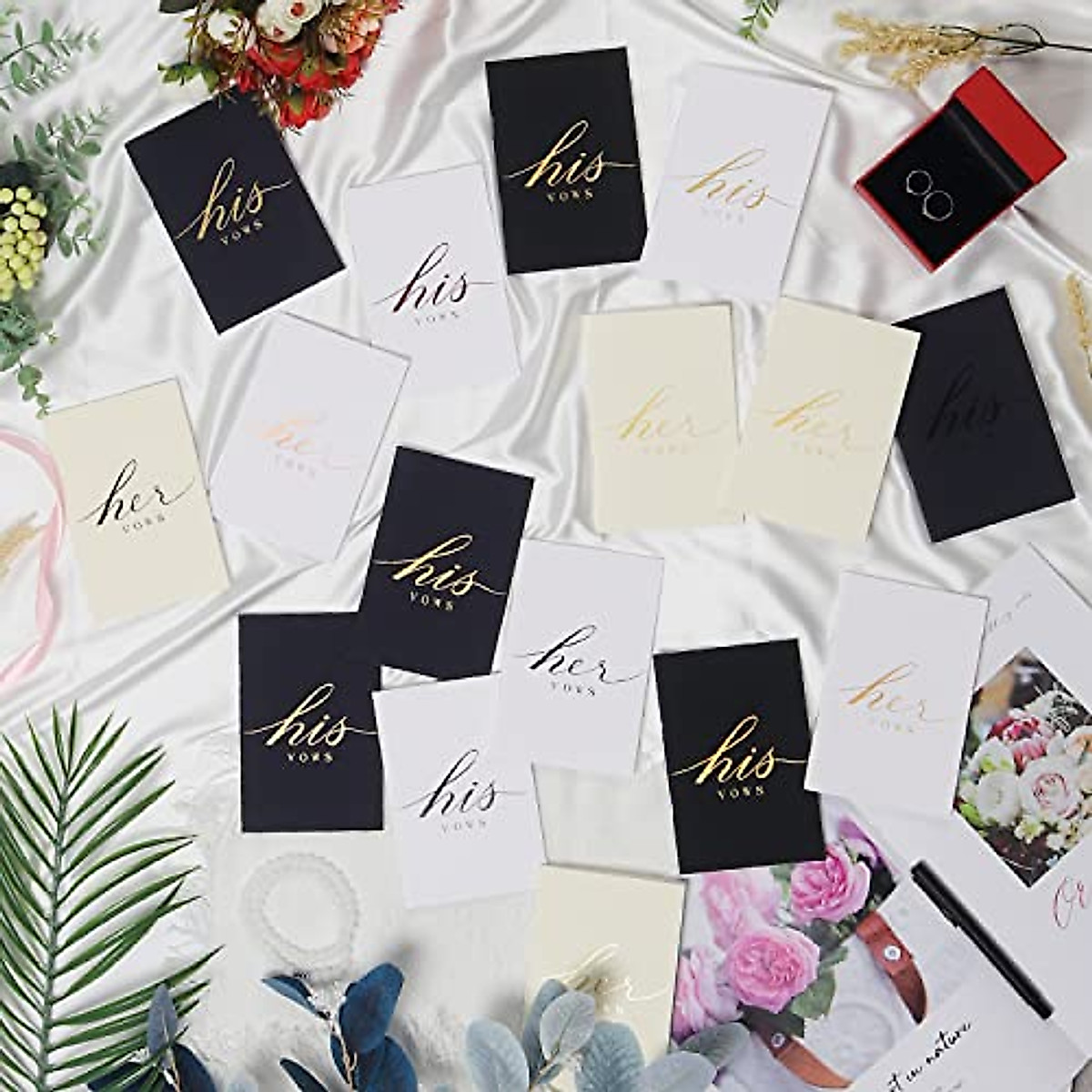 CARAVELOVE Vow Books for Wedding His and Hers Vows Book with 28 Pages-5.9''×3.9'' Vow Booklet (Black+White/Gold Foil)