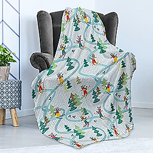 Ambesonne Sports Throw Blanket, Funny Raccoons Skiing Winter Pine Tree Christmas Humor Noel Print, Flannel Fleece Accent Piece Soft Couch Cover for Adults, 50" x 70", Green Aqua