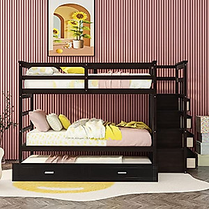 Solid Wood Twin Over Twin Bunk Bed, Trundle Bunk Beds with 4 Storage Drawers, Staircase and Safety Guard Rail, No Box Spring Needed (Espresso)