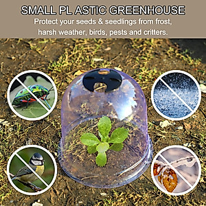 MorTime 6 Pack Garden Cloche Plant Dome, 7.3" D x 6.9" H Plastic Plant Bell Cover Reusable Mini Greenhouse with 18 Ground Securing Pegs & 10 Plant Labels for Outdoors Frost Freeze Protection