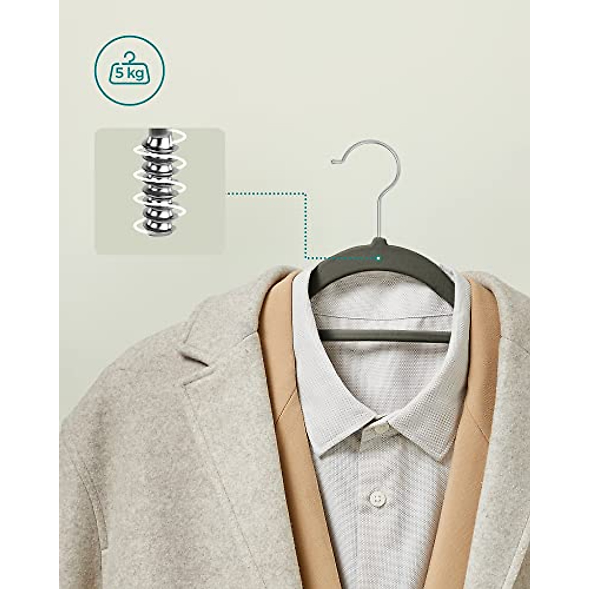 SONGMICS Velvet Hangers, 50 Pack, Ultra Thin Space Saving, Non-Slip Coat Hangers with Tie Organizer, 360 Degree Swivel Hook, Grey CRF50V