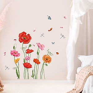 wondever Summer Red Poppy Flowers Wall Stickers Floral Peel and Stick Wall Art Decals for Baby Nursery Girls Bedroom