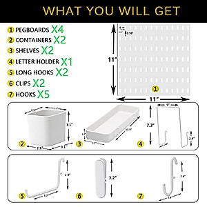 MULSAME Pegboard Combination Kit, Wall Mounted Storage Set with 4 Pegboards & 14 Accessories Hanging, White Peg Boards Organizer for Walls Display, Crafts Organization, Kitchen Organizer, 22" x 22"