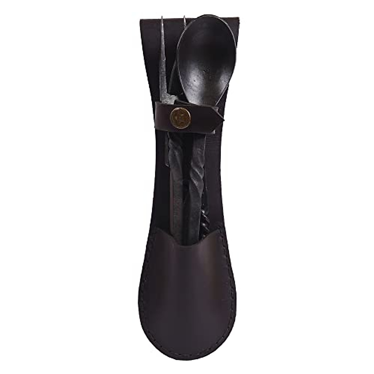 Viking Traders Hand-Forged Blacksmith Medieval Dining Hall Eating/Feasting Utensils set of 3 Piece Functional Fork Knife and Spoon Medieval Eating Set, with genuine leather pouch for easy carrying.