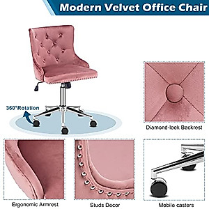 VINGLI Velvet Office Chair, Modern Office Chair Velvet Desk Chair Upholstered Office Chair Swivel Chair with Wheels, Tufted Office Chair Nail Tech Chair Accent Desk Chair for Home Office, Pink