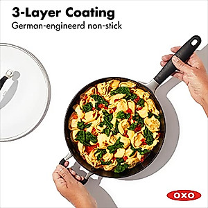 OXO Good Grips 3QT Chef's Pan with Lid and Helper Handle, 3-Layered German Engineered Nonstick Coating, Stainless Steel Handle with Nonslip Silicone, Black