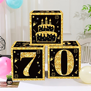 70th Birthday Decorations Boxes for Men- 3PCS Black Gold Happy 70th Birthday Balloons Boxes, 70 Year Old Party Supplies for Men Women