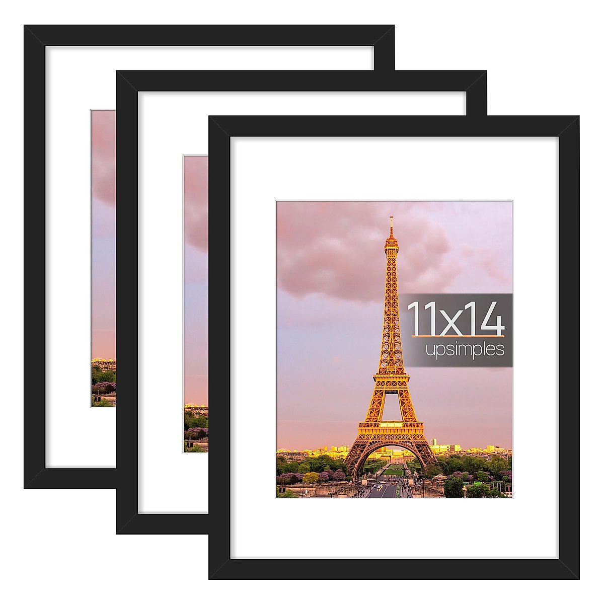 upsimples 11x14 Picture Frame Set of 3, Made of High Definition Glass for 8x10 with Mat or 11x14 Without Mat, Wall and Tabletop Display Photo Frames, Black