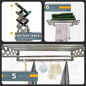 Extendable Towel Rack Wall Mounted for Bathroom or External Use, Stainless Steel with 6 Rods 5 Hooks, Durable, Heavy Duty, Resistance to Corrosion Oxidation Rust | Supports 60Lb