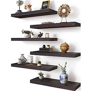 HXSWY Rustic Wood Floating Shelves for Wall Decor Farmhouse Wooden Wall Shelf for Bathroom Kitchen Bedroom Living Room Set of 6 Brown