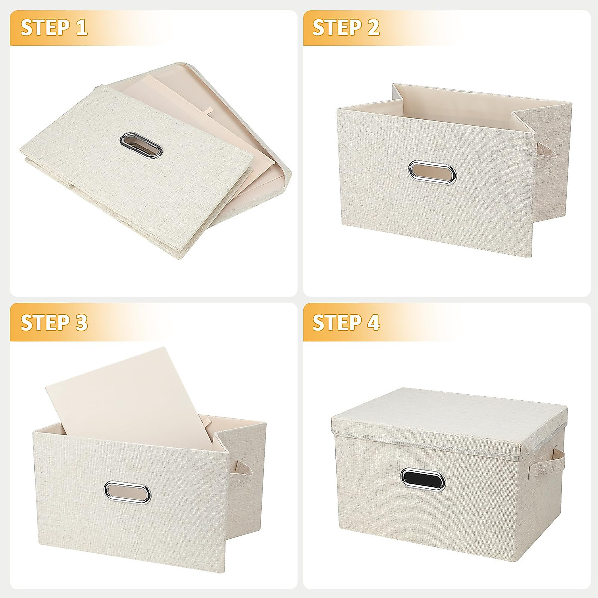 Bellzacasa Collapsible Storage Bins with Lids, 3 Pack Linen Fabric Foldable Storage Bin Cube with Handles, Storage Baskets Box Closet Organizers and Storage Containers, Beige, 14.6x10.5x8.5