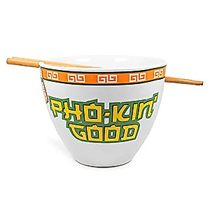 Boom Trendz Bowl Bop Pho-Kin Good Japanese Ceramic Dinnerware Set | Includes 16-Ounce Ramen Noodle and Wooden Chopsticks Asian Food Dish For Home & Kitchen Kawaii Anime Gifts,Snack Collectible Orange