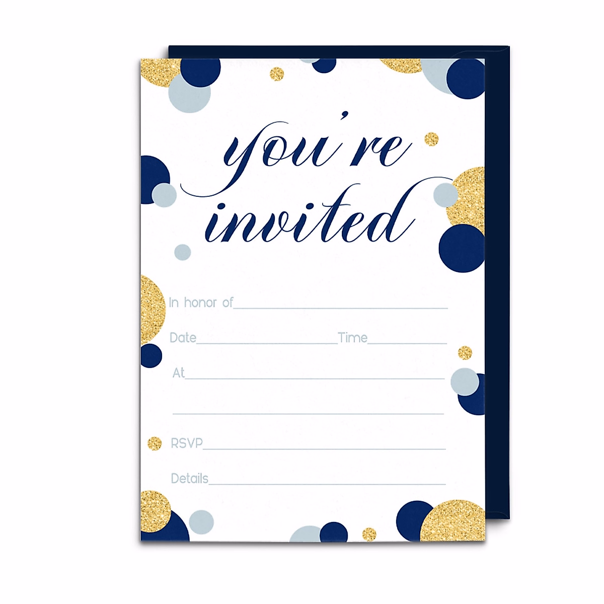 Navy and Gold Invitations with Envelopes (15 Pack) All Occasion Invites for Boys Baby Shower, Graduation, Birthday, Retirement, Luncheon – Royal Theme Abstract Dot – Blank 4x6 Card Set Printed
