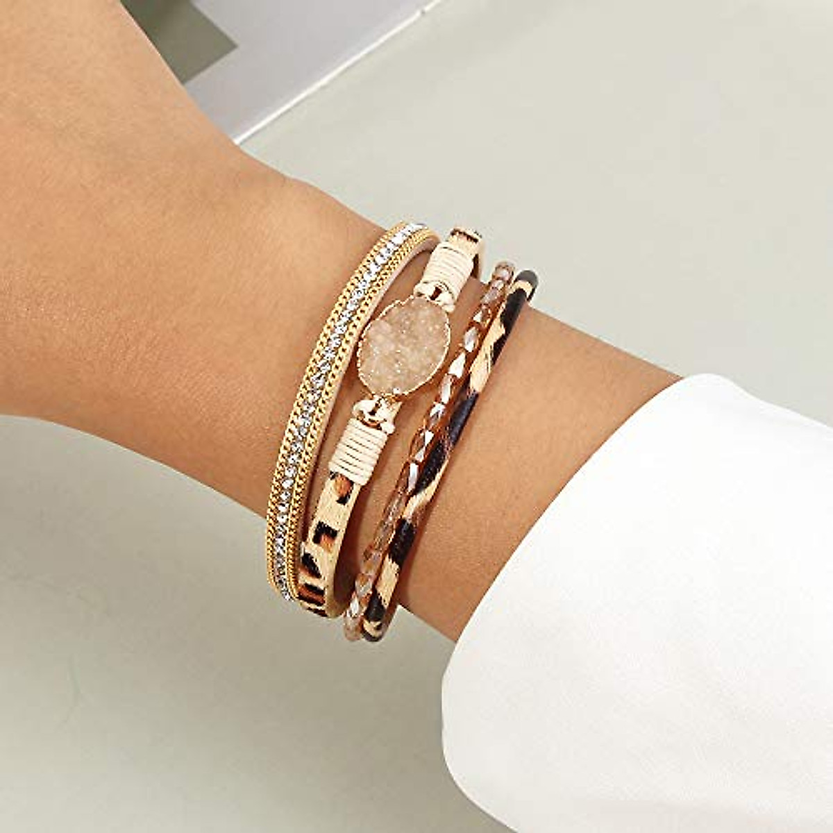 FANCY SHINY Leather Wrap Bracelet Boho Cuff Bracelets Crystal Bead Bracelet with Clasp Jewelry Gift for Women Teen Girls(7.7", Tan Leopard)