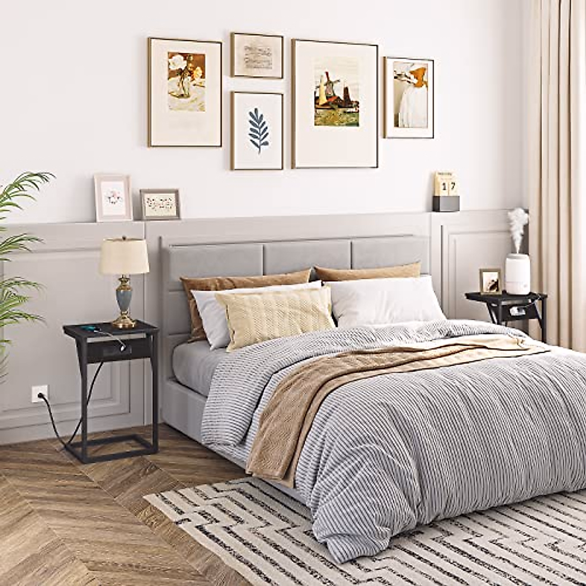 HOOBRO C Shaped End Table with Charging Station, Narrow Sofa Couch Side Table for Small Space, Industrial Bedside Table with Metal Frame for Living Room, Bedroom, Dorm, Black BB06USF01