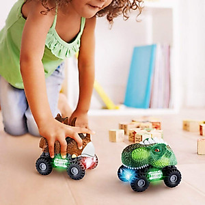 Whongkidz Dinosaur Toy Cars 2 Pack Set for Boys Girls Toddler Kids Toys Dino Car with LED Lights and Sounds Effect Automatic Dino Truck