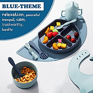 Potchen Baby Led Weaning Supplies Baby Feeding Set Toddlers Silicone Divided Suction Plate Suction Bowl, Adjustable Bib, First Stage Spoon Fork, Placemat, Straw Cup Infant Self Eating Utensil (Blue)