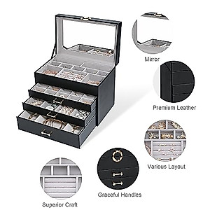 V-LAFUY Jewelry Organizer Box with Mirror, Large Jewelry Organizers and Storage, Jewelry Organizer for Rings Earrings Necklaces Glasses Bracelets Watches, Black Mirror