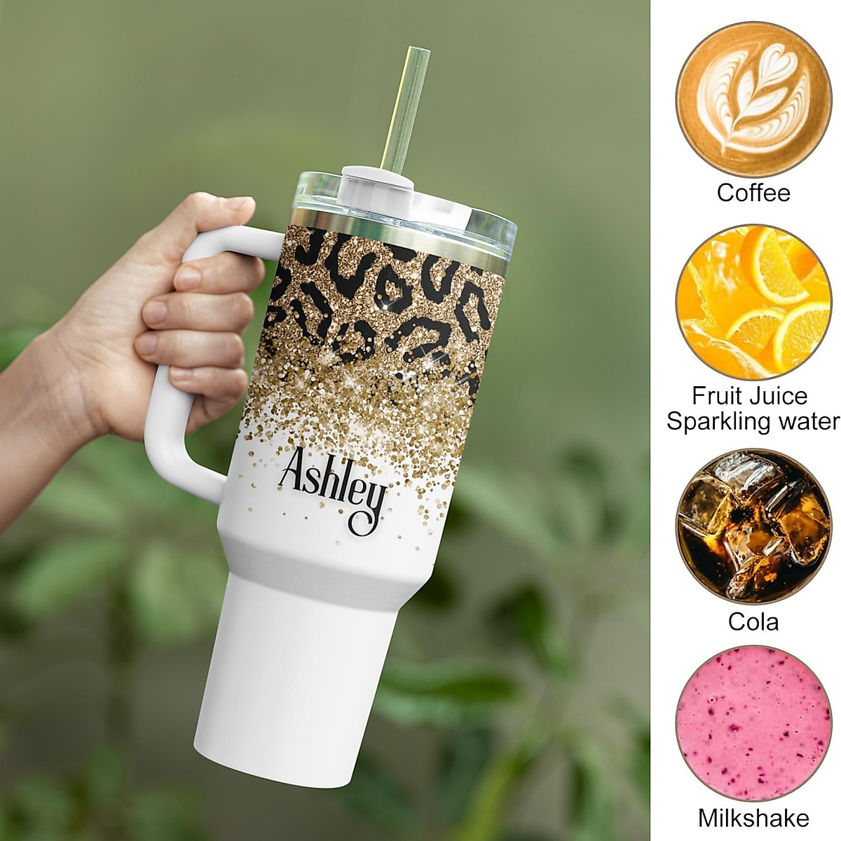 Personalized 40 oz Tumbler With Handle And Straw Lid Cheetah Print Glitter - Leopard Print Stainless Steel Insulated Travel Mug – Tumbler Gift For Women Mom Friend Teacher Nurse Her Birthday Christmas