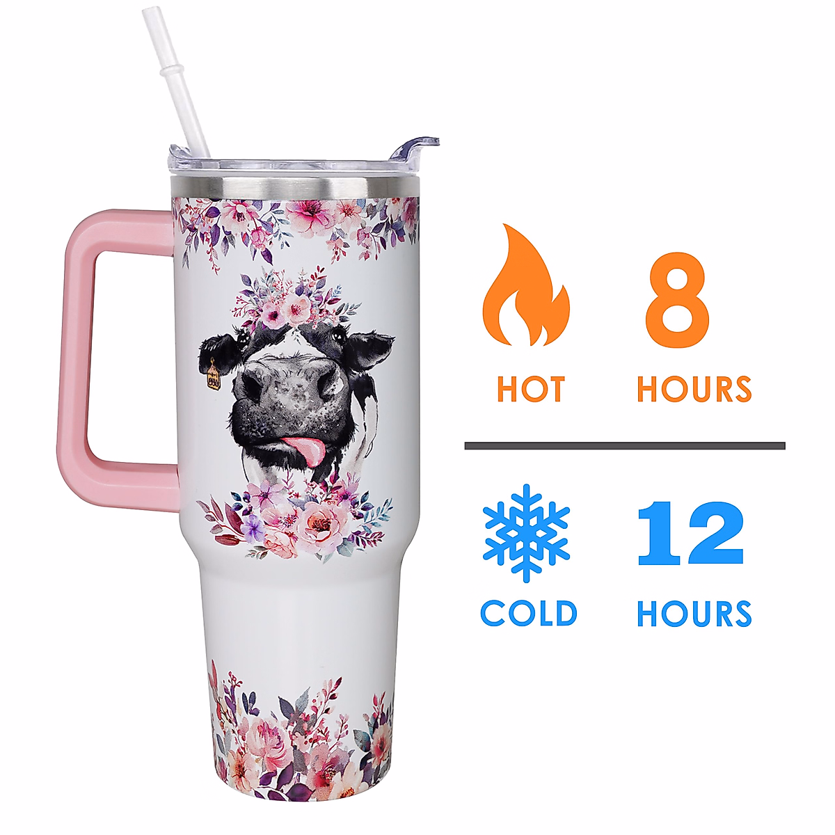 sgqjdpmc 40 oz Cow Print Tumbler with Handle and Straw Lid 40oz Cute Cow Themed Gifts Steel Insulated Travel Cow Coffee Cup