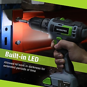 WORKPRO 20V Cordless Drill Driver Kit, 3/8'' Keyless Chuck, 2.0 Ah Li-ion Battery, 1 Hour Fast Charger and 11-inch Green Storage Bag Included