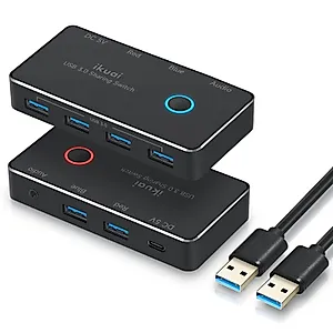 ikuai USB 3.0 Switch Selector for 2 Computer Sharing 4 USB Device + 1 Audio Output, One-Button Control Aluminum Switcher Box for Printer Keyboard Mouse Headset PC Peripherals with 2 Pack USB Cables