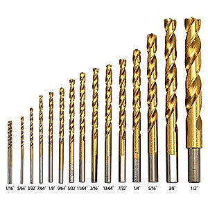 HUAZHICHUN Titanium Twist Drill Bit Set - 16 Pcs Hex Shank High Speed Steel for Wood Plastic Aluminum Alloy, Quick Change, 1/16"-1/2" ，with Indexed Storage Case