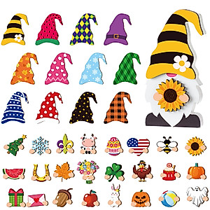 Thyle 37 Pcs Christmas Interchangeable Wooden Gnome Decor DIY Holiday Winter Seasonal Tiered Tray Decoration with Magnet Pieces Welcome Sign for Xmas Decorations