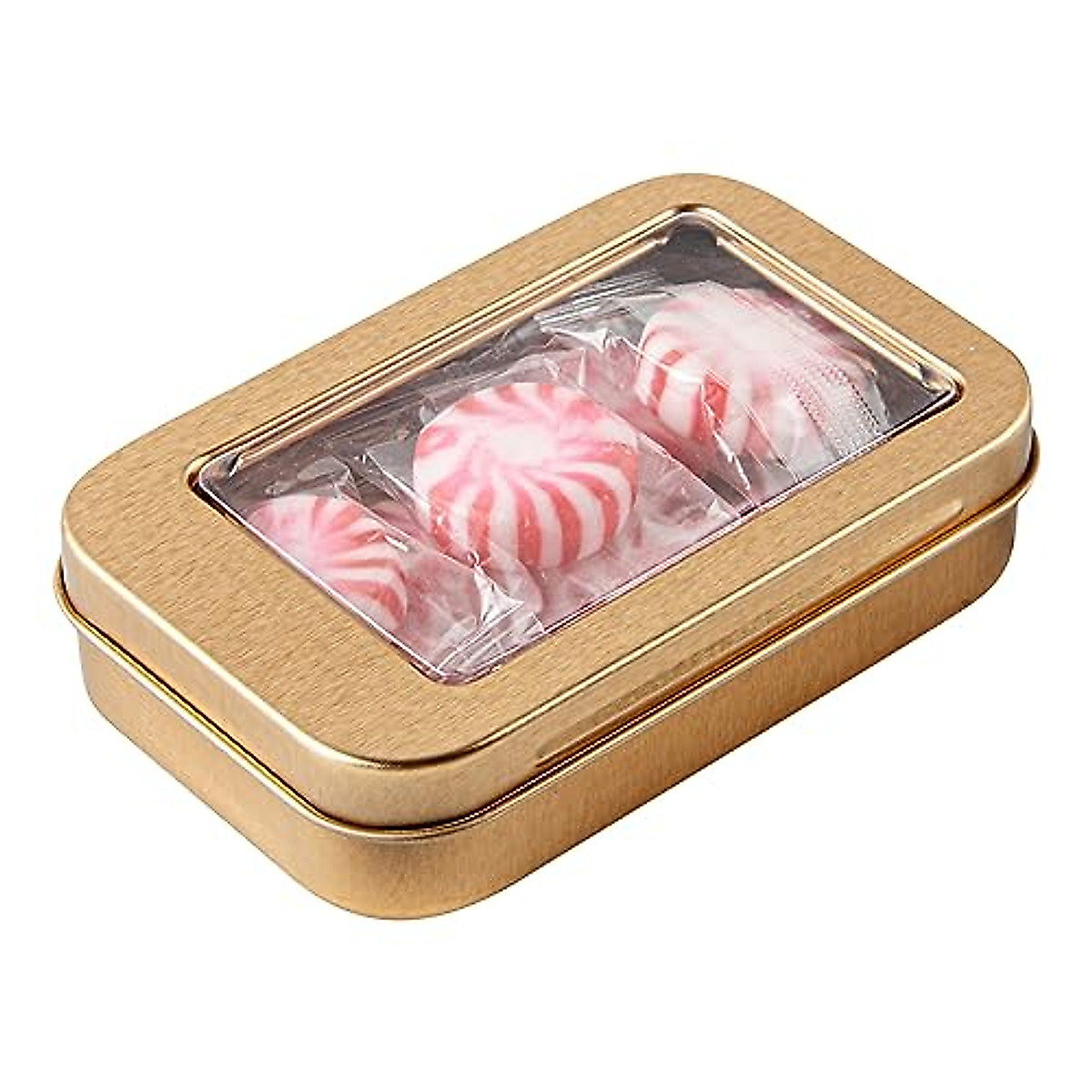 Restaurantware RW Base 4.5 Ounce Rectangular Tin Containers 10 Durable Tin Boxes With Lids - Clear Window Lids Rounded Edges Gold Tin Storage Containers Customizable Fits Mints Or Pills