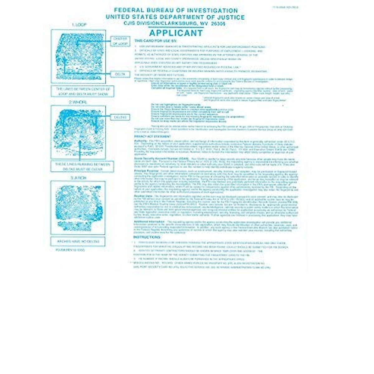 FBI Fingerprint Cards, Form FD-258, 3 pack