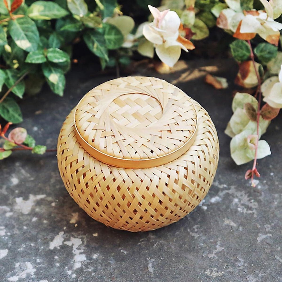 OKUMEYR Bamboo Tea Basket with Lid Round Rattan Storage Jar Wicker Storage Baskets Woven Storage Canister Sticky Rice Steamer Baskets Snacks Fruit Basket Bamboo Weaving Steamer