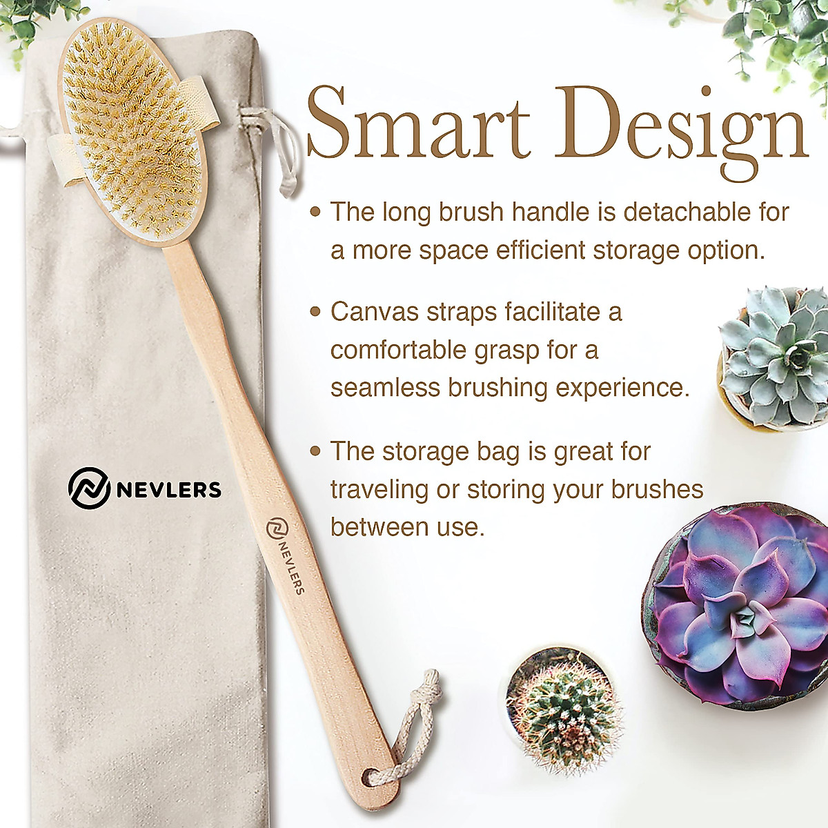 Nevlers Natural Boar Bristle Dry Body Brush Set | Detachable Massage Dry Brushing Body Brush | Long Wooden Handled Exfoliating Body Scrubber, Shower Brush for Body, Dry Brush Face Brush Exfoliator