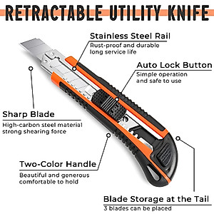 TIFICAL 3-Pack Box Cutter Utility Knife, Box Cutter Retractable Ultra Sharp Blade and Anti-Slip Rubber Handle, Box Cutter Knife Exacto Knife for Cutting Leather, Rubber, Cartons, Box Cutters