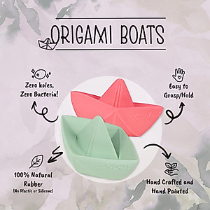 Oli & Carol Origami Bath Toy Boat - Natural Hevea Rubber | Toy Boats for Water Play | Bath Tub Toys for Kids | Baby Toys | Mold Free Bath Toys | Non Toxic Bath Toys | Hevea Teether (Pink)