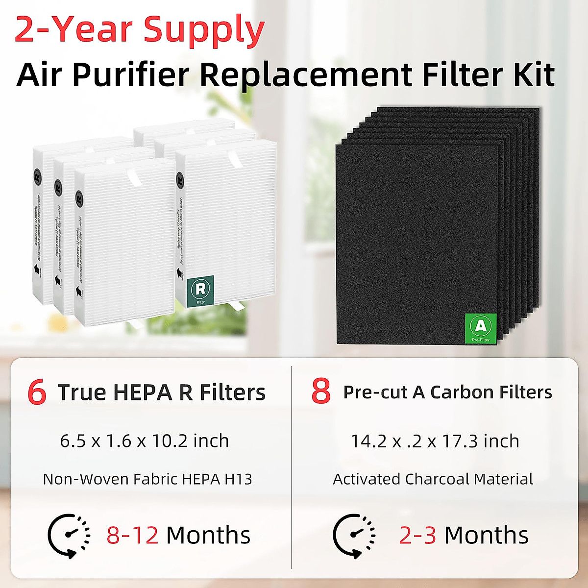 HPA300 HEPA Filter Replacement for Honeywell Air Purifier 6 HEPA R Filters and 8 Pre-cut A Carbon Pre-filter