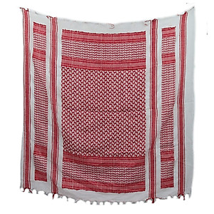 M MCGUIRE GEAR Shemagh Tactical Scarf, Middle Eastern Desert Scarf, Arab Scarf, Keffiyeh, Military Style, 42" x 42", Bandana, Hood, White/Red, 100% Cotton