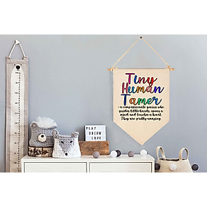 Tiny Human Tamer-Faculty Appreciation-Preschool Teacher-Thank You Gift for Nursery Teacher-End of Term Gift for Daycare Teacher,Nursery Worker-Canvas Hanging Pennant Flag Banner Wall Sign Decor