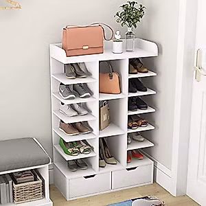 Waktavel 6 Tiers Vertical Shoe Rack, Wooden Shoe Rack Organizer with 2 Drawers and Open Top Free Standing Shoe Storage Stand for Entryway Hallway (White Shoe Rack 6 Tier)