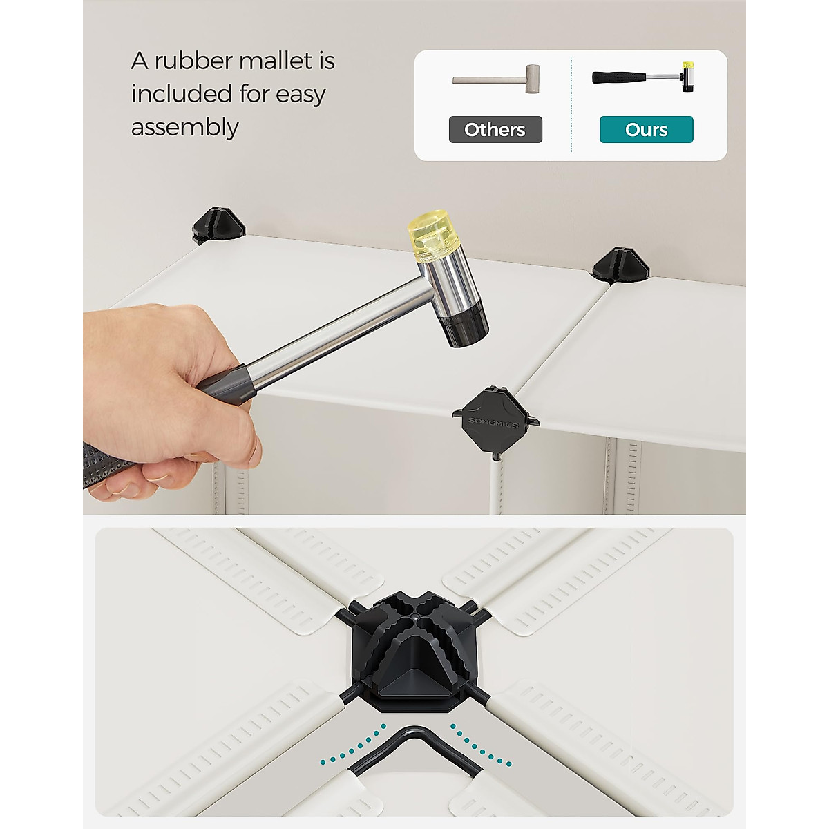 SONGMICS 6 Cube Storage Organizer, DIY Closet Shelf, Plastic Clothes Organizer, Modular Bookcase, 11.8 x 11.8 x 11.8 Inch Cubes, with Feet and Rubber Mallet, Cream White ULPC111M01