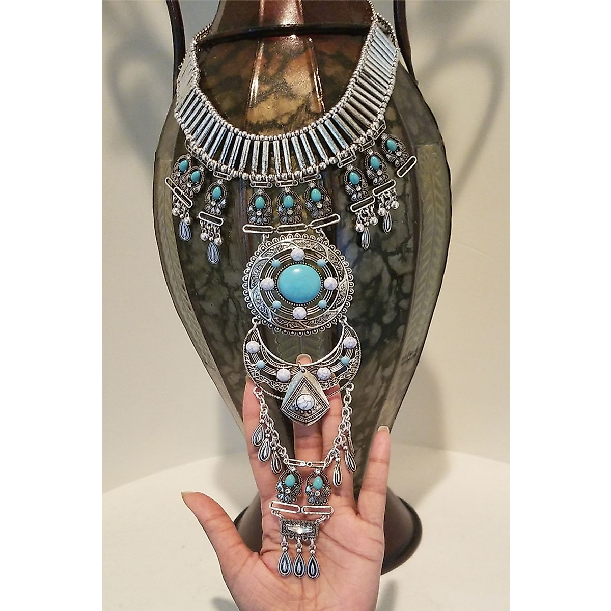 Boho Statement Turquoise Necklace Crossover Harness Bikini Waist Belly Sexy Body Chains for Women (Silver)