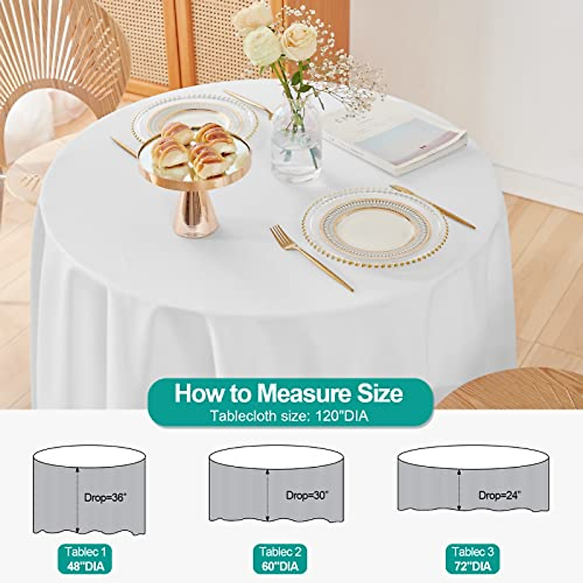 EMART Round Tablecloth White (6 Pack) Circular Polyester Table Cover 120 Inch in Diameter for Dinning, Kitchen, Picnic,Wedding and Birthday Party