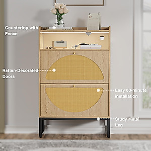 FiveWillowise Shoe Storage Cabinet, Shoe Cabinet with 2 Flip Drawers & Sensor Light, Entryway Slim Shoe Cabinet with Metal Frame, Hidden Shoe Qrganizer for Entrance/Hallway, Natural