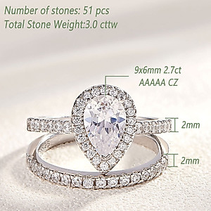 Wuziwen 3Ct Pear Cut Wedding Band Bridal Ring Set for Women Halo CZ 925 Sterling Silver Size 7
