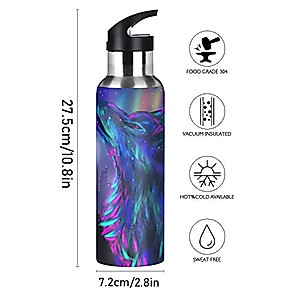 Galaxy Animal Wolf Abstract Water Bottle Vacuum Insulated Stainless Steel Thermos Mug Kids Water Bottle with Straw and Handle Keep Hot Cold Sport Bike Fit Travel Outdoor 20 oz