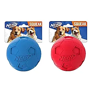 Nerf Dog Soccer Ball Dog Toy with Interactive Squeaker, Lightweight, Durable and Water Resistant, 2.5 Inches, For Small/Medium/Large Breeds, Two Pack, Blue and Red
