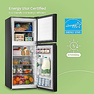 COMFEE' CRM45D3ABB Cu Ft Mini Fridge with Freezer, Energy Saving, Adjustable Legs, Temperature Thermostat Dial, Removable Shelf, Perfect for Home/Dorm/Garage Double Door Refrigerator, 4.5 Cuft, Black