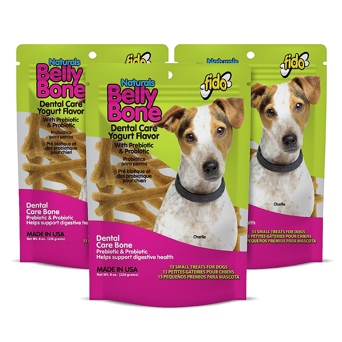 Fido Naturals Belly Bones for Dogs, Yogurt Flavored Small Dog Dental Treats - 13 Treats Per Pack (3 Pack) - Made in USA, Plaque & Tartar Control, for Fresh Breath and Digestive Health Support