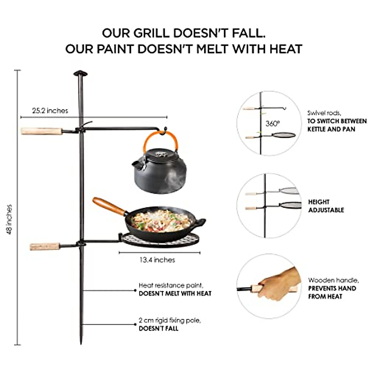 Campfire Grill Grate Fire Pit Grill Grate Open Fire Cooking Equipment Swivel Campfire Grill with Heat Resistant Adjustable Griddle Plate to Cook Food Over Open Camp Fire for Outdoor Camping BBQ Black