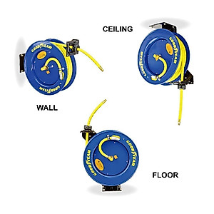 Goodyear Air Hose Reel Retractable 3/8" Inch x 50' Foot SBR Rubber Hose Max 300PSI Heavy Duty Industrial Steel Single Arm Construction